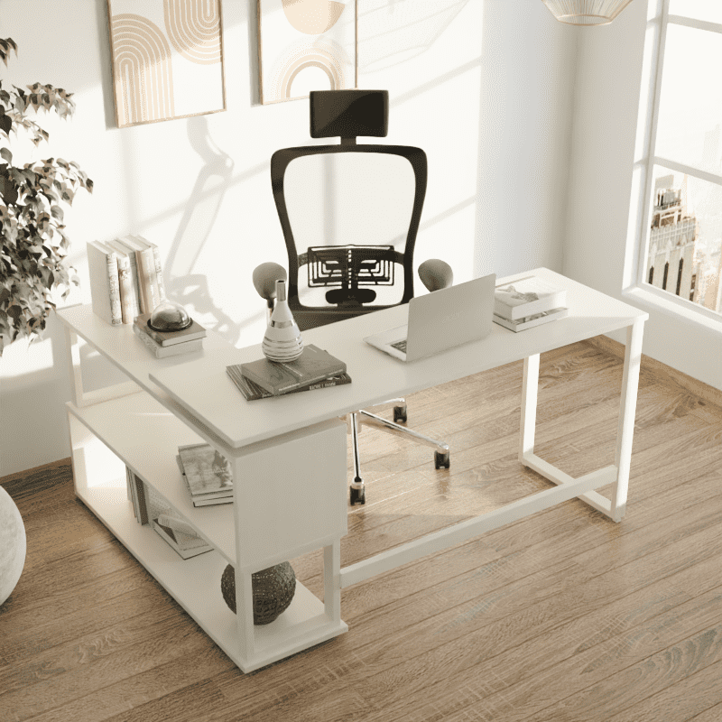 L Shaped Executive Desk with Storage Design in White Color by Riyan Lu